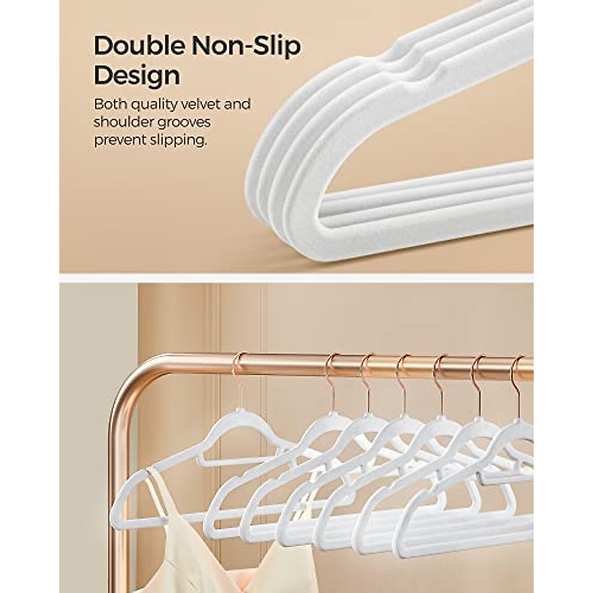 SONGMICS Velvet Hangers, Set of 50 Clothes Hanger with Rose Gold Swivel Hook, Non-Slip, and Space-Saving, 0.2-Inch Thick, 17.1-Inch Long for Coat, Shirt, Dress, Pants, Tie, White UCRF021W02