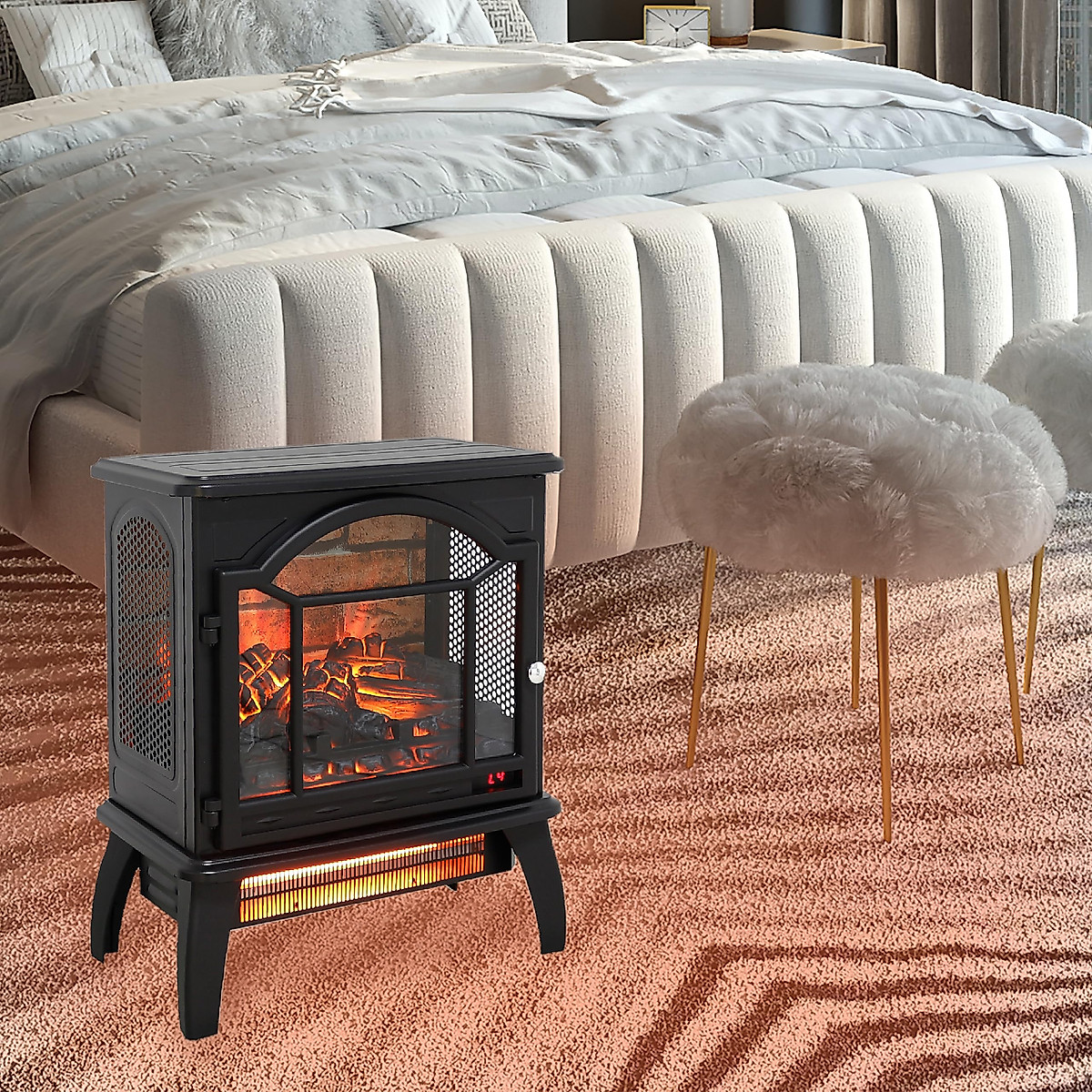 Electric Fireplace Infrared Heater with Remote Control, 18" Electric Fireplaces with Adjustable Brightness and Heating, 1500W Freestanding 3D Electric Fireplace Stove for Indoor Use, Black