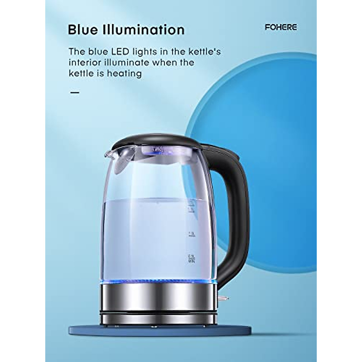Electric Kettle with Stainless Steel Filter and Inner Lid, FOHERE 1500W Wide Opening 1.7L Glass Tea Kettle & Hot Water Boiler, LED Indicator Auto Shut-Off & Boil-Dry Protection, BPA Free