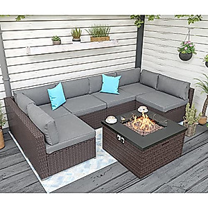 HOMPUS 7-Piece Outdoor Patio Furniture Set, All-Weather Wicker Sectional Sofa, Dark Grey Cushions w 32-inch Square Dark Brown Wicker Fire Table (40,000 BTU), Tank Outside, Glass Wind Guard