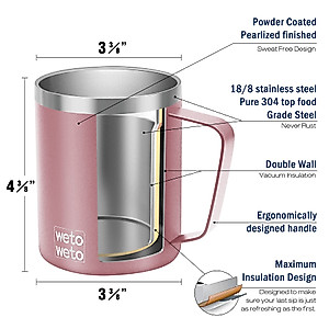 WETOWETO Coffee Mug with Handle, 14oz Insulated Stainless Steel Coffee Travel Mug, Double Wall Vacuum Reusable Coffee Cup with Lid, Powder Coated Rose Gold