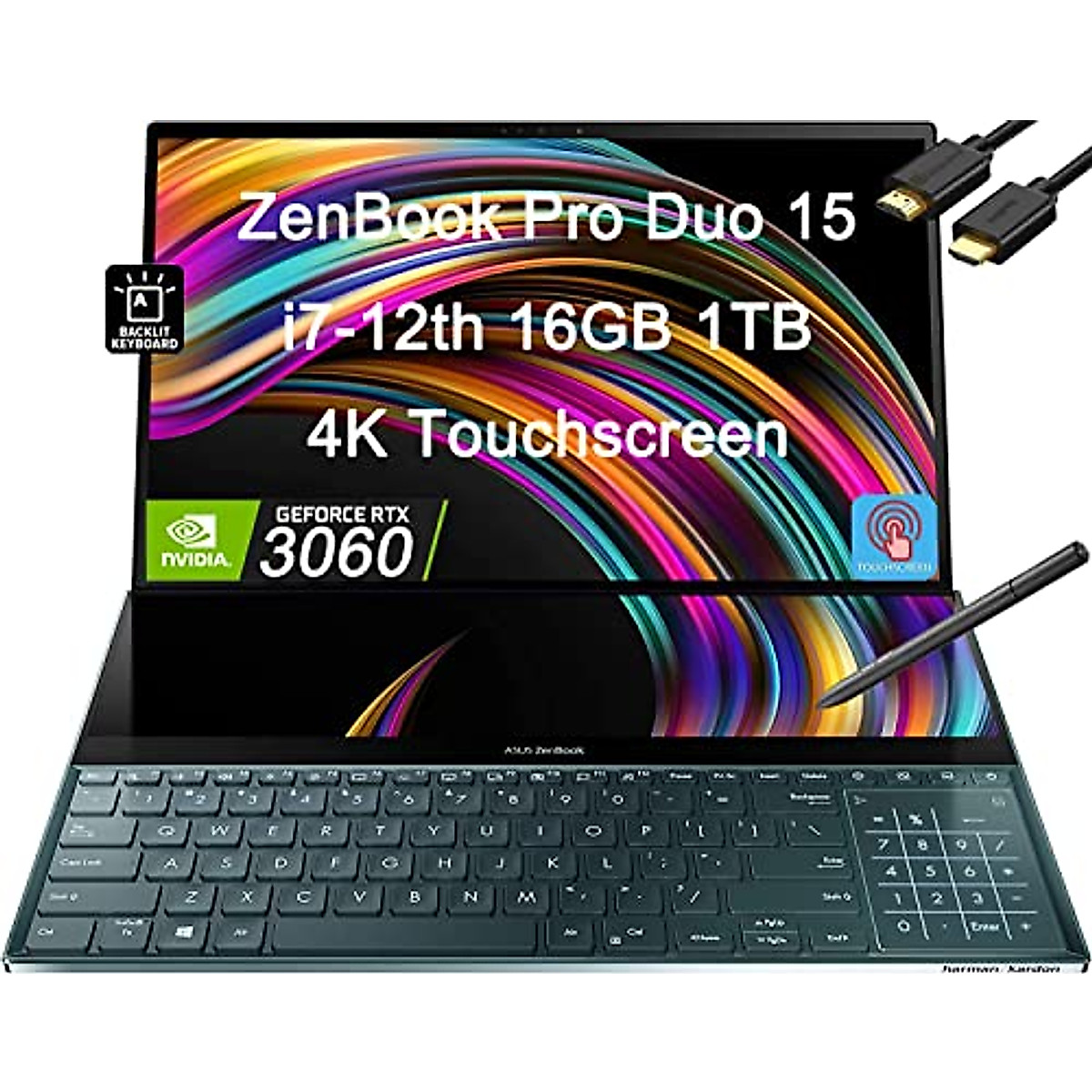 ASUS ZenBook Pro Duo 15 UX582 15.6" 4K OLED Touchscreen (Intel 14-Core i7-12700H, 16GB DDR5 RAM, 1TB SSD, GeForce RTX 3060 6GB) Business Laptop, ScreenPad Plus, Backlit, IST HDMI, Stylus, Win 11 Pro