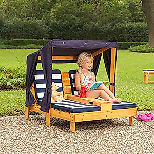 KidKraft Outdoor Table and Chair Set with Cushions and Navy Stripes & Outdoor Double Chaise Lounge, Honey/Navy/White, One Size