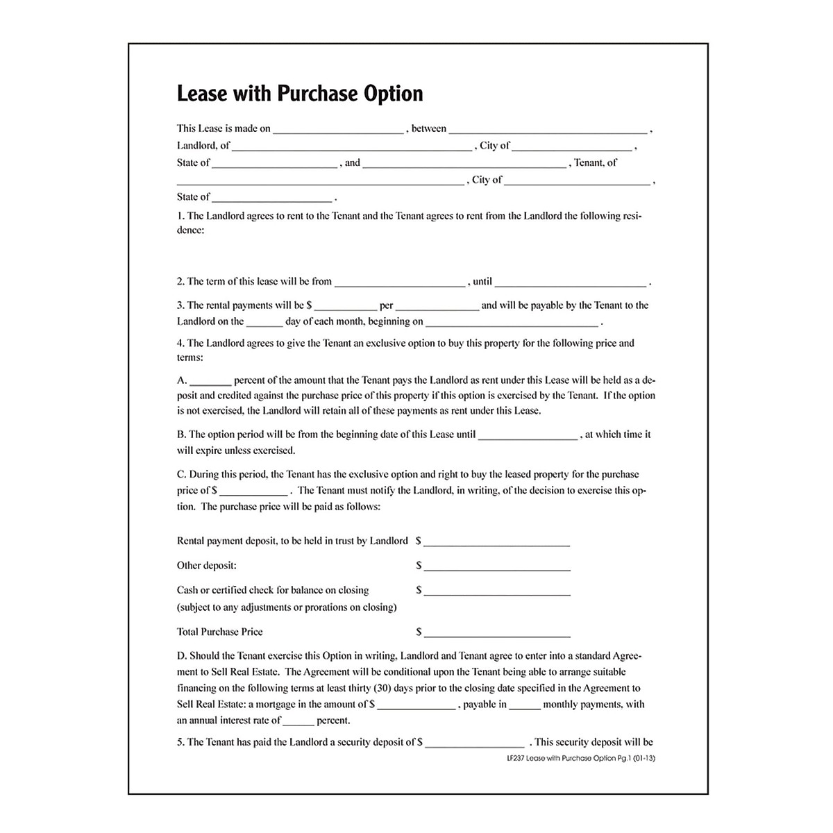 Adams Lease with Purchase Option Forms, Includes Downloadable, Fillable Digital Forms, White (LF237)