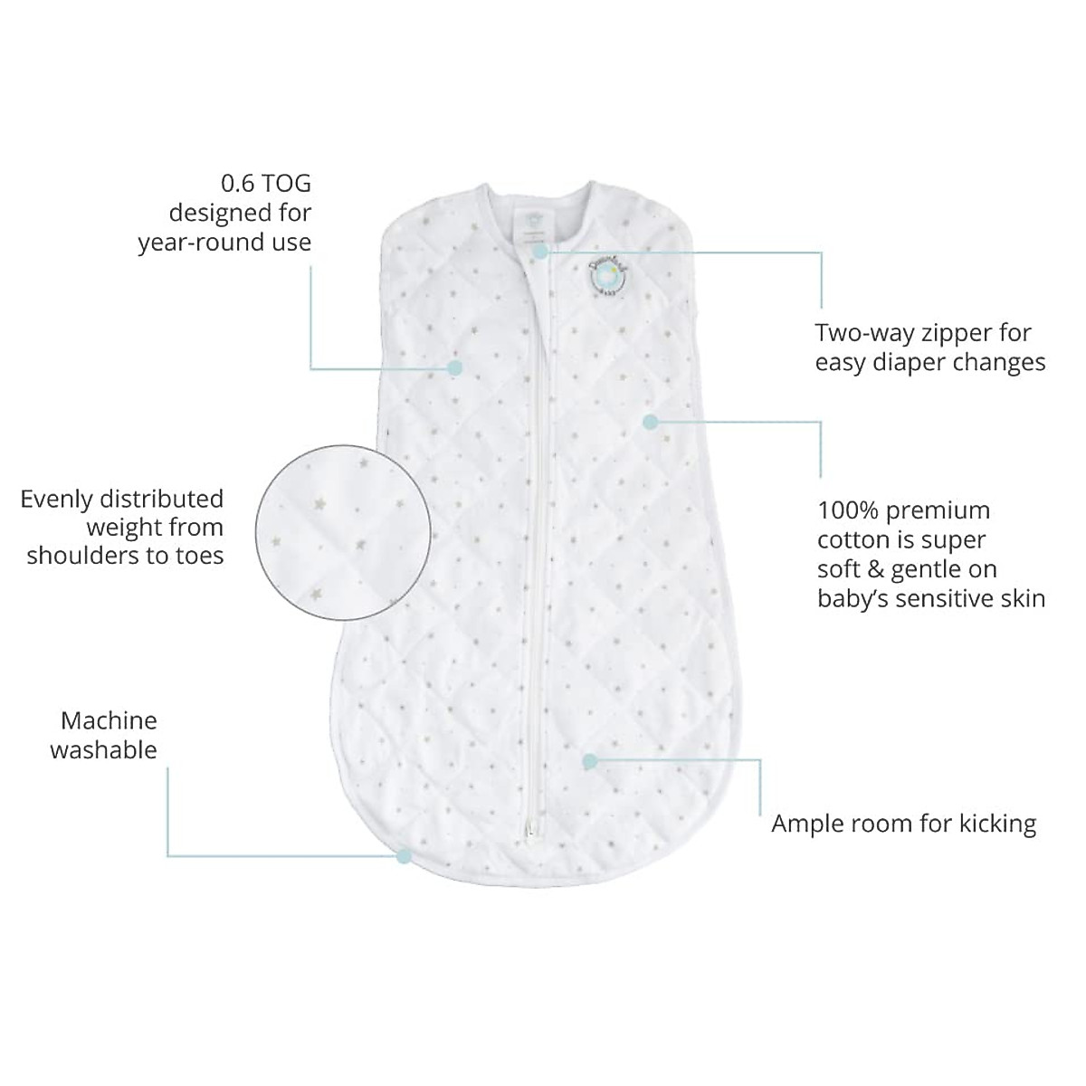 DREAMLAND BABY Sleep Sack | Baby: 6-12 Months | Gently Weighted Sleep Sacks | 100% Natural Cotton | 2-Way Zipper | Machine Washable | Newborn/Infant Swaddle Transition | Swaddle Sleeping Bag