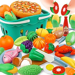 BELLOCHIDDO Kids Play Food - 70PCS Pretend Plastic Fruits & Vegetables & Kitchen Accessories with Basket, Cutting Food Toys for Toddlers - Toy Food Educational Gifts for Girls Boys