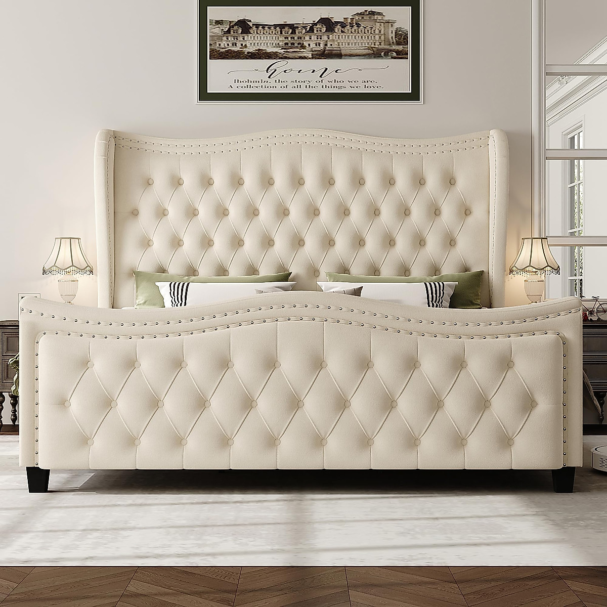 HOSTACK King Bed Frame, 55" Headboard Upholstered Bed with Tall Footbaord, Velvet Handmade Pleats Deep Button Tufted Wingback Platform Bed, No Box Spring Required/Wood Slat Support/Beige