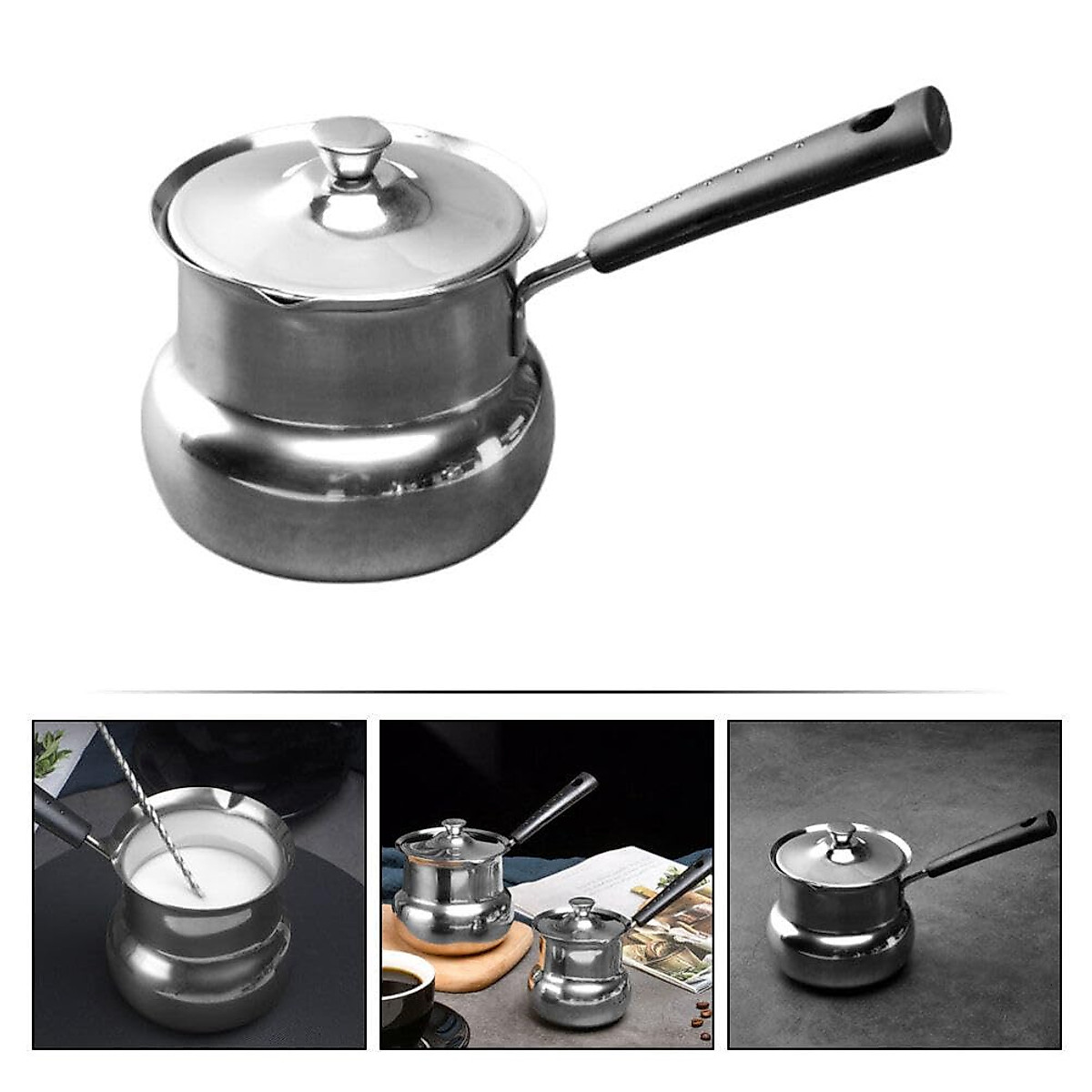 Cabilock Turkish Coffee Pot 11.8oz/350ml Small Saucepan Coffee Maker Mini Sauce Pan Butter Melter Stainless Steel Milk Warmer Pots for Stove Top Silver