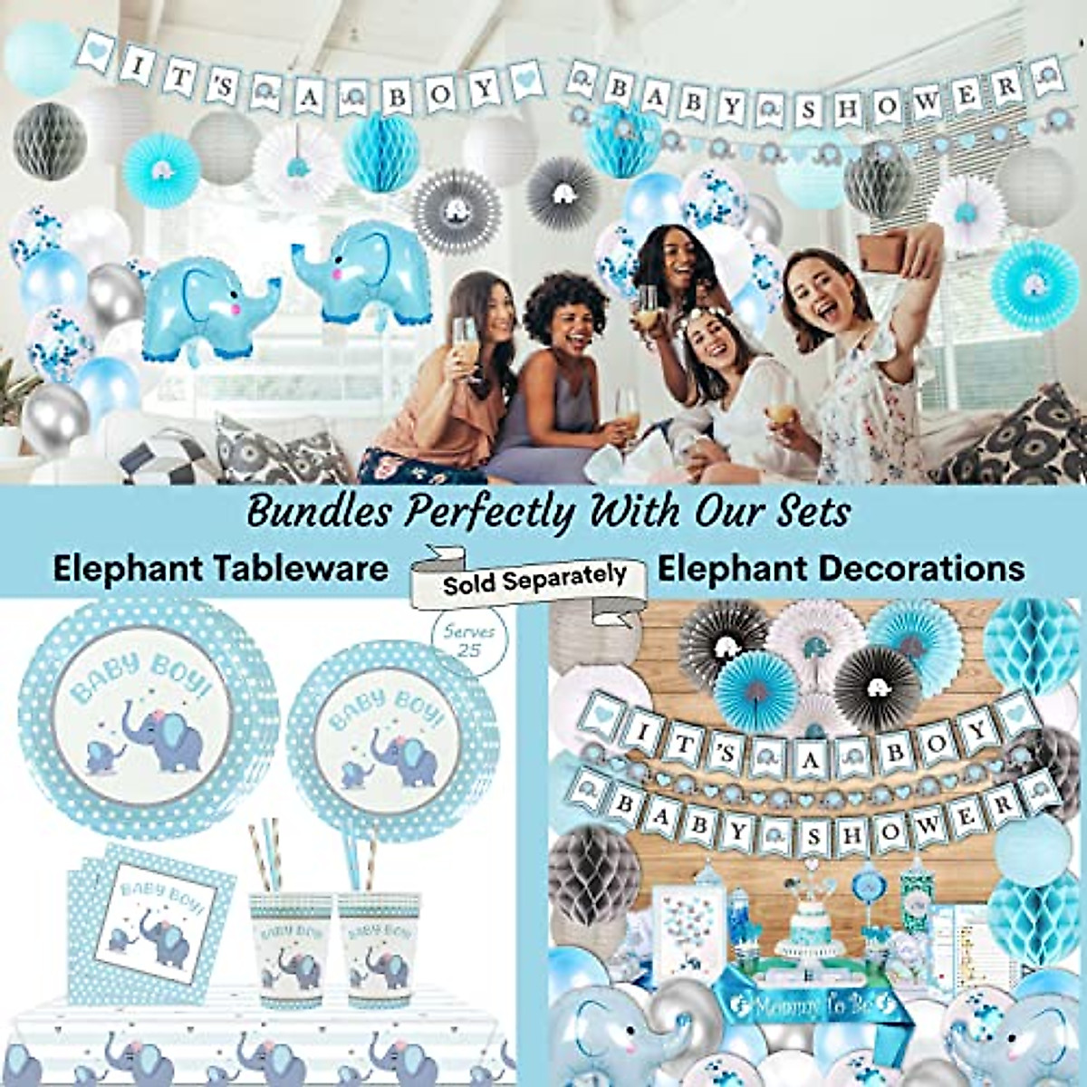 Elephant Baby Shower Backdrop Banner Blue Gray Baby Shower Decorations for Boy, Large Fabric Rustic Animal Theme Birthday Party Supply, It's A Boy Background Decor, Photography Props 72.8 x 43.3 Inch