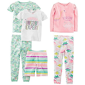 Simple Joys by Carter's Baby, Toddler and Girls' 6-piece Snug Fit Cotton Pajama Set, Dinosaur/Rainbow/Unicorn, 5T