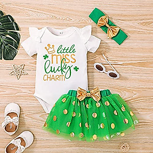 St.Patrick 's Day Newborn Baby Girl Short Sleeve Round Neck Romper Tops+Dots Tutu Tulle Skirt+Headband 3pcs Clothes Set (Green, 0-3 Months)