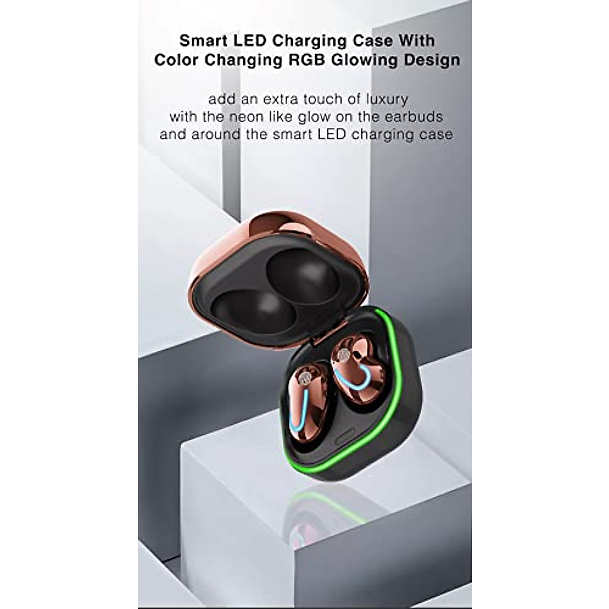 eDealz in-Ear Wireless Bluetooth 5.1 Headphones, Earbuds IPX4 Waterproof with Microphone Rechargeable Micro USB Smart LED RGB Case for Smartphones Android iOS (Rose Gold)