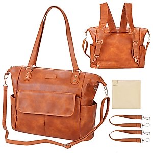 Johomviin Diaper Bag Tote Fashion Leather Diaper Bag Backpack with 13 Pockets for Mom Dad, Large Travel Baby Bag Purse for Boys Girls with 3 Insulated Pockets, Changing Station - Brown