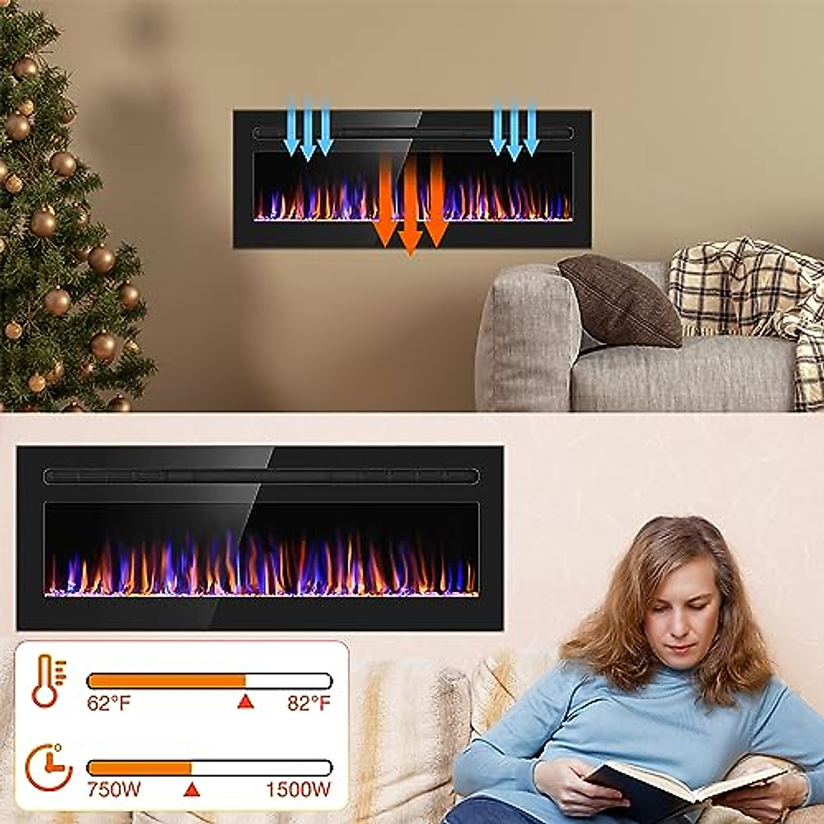 Upesitom Electric Fireplace Insert 31" Fireplace Heater Recessed & Wall Mounted, 750/1500W Linear Fireplace LED Fireplace Insert with Adjustable Flame Colors, Bracket, Timer, Remote Control
