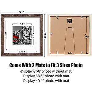 8x8 Rustic Picture Frames with 2 Mats Walnut Display Pictures 6x6 or 4x4 with Mat or 8x8 Without Mat Made of Solid Wood - 8x8 Inch Square Photo Frames Collage for Wall or Tabletop Mount, Set of 4