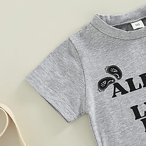 vchoohce 2Pcs Toddler Baby Girl Clothes Letter Print Short Sleeve T-shirt Top Bell-Bottom Pants Western Cowgirl Outfit Set (Ride Horse-Grey+Beige,2-3T)