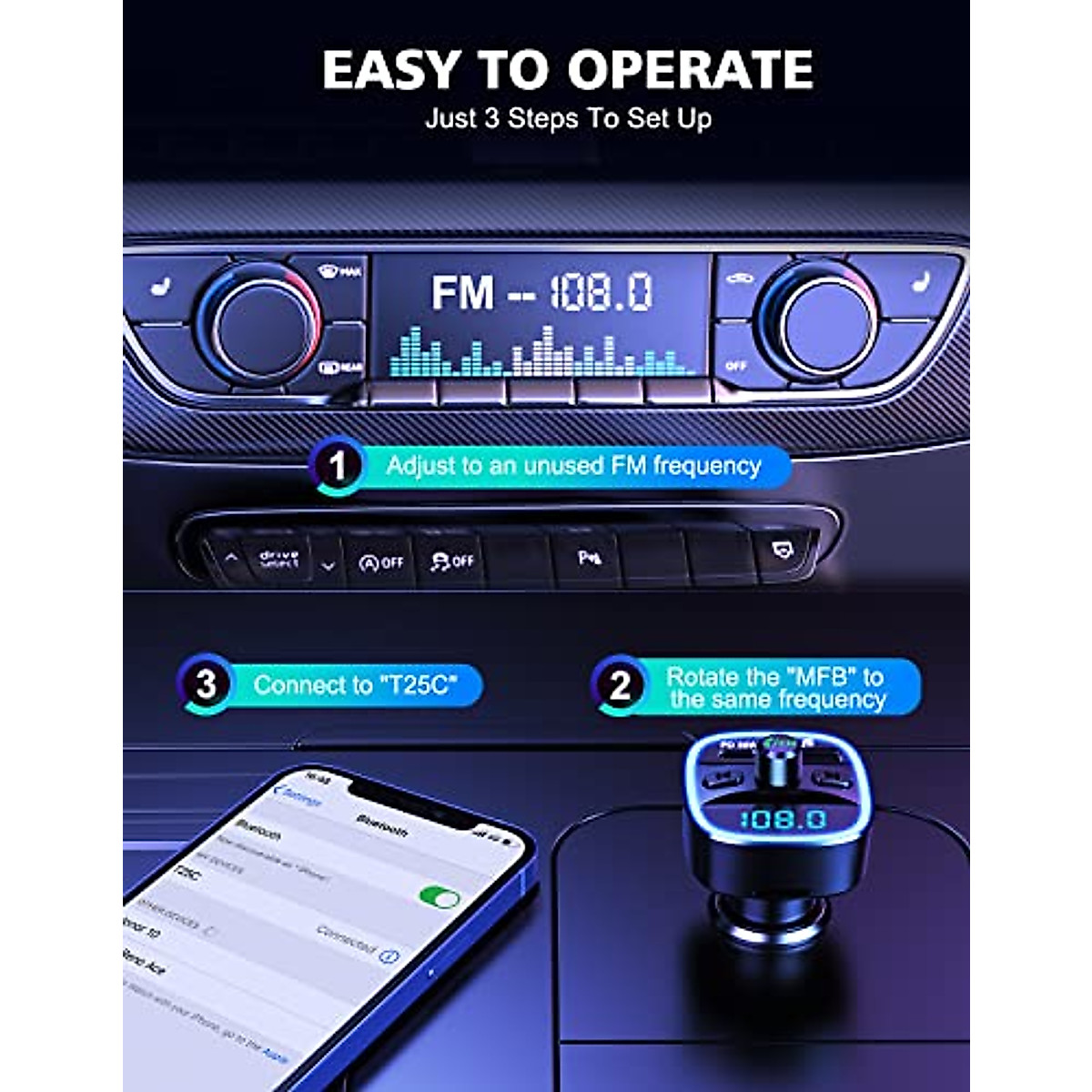 RIWUSI Bluetooth FM Transmitter for Car, [Upgraded Type-C] PD 30W Quick Charging Bluetooth Car Adapter with Hands-Free Calling, Wireless FM Radio Receiver Music Player/Car Kit Support SD Card & USB