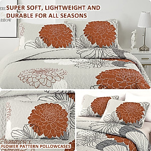 Floral Pattern Quilt Set Queen Burnt Orange Bedspread 3 Pieces Coverlet Soft Lightweight Bed Cover with 2 Pillow Shams for All Season 96"x90"