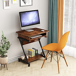 Small Corner Computer Desk, Rolling Computer Desk for Small Space Bedroom, Home Office Study Computer Desk on Wheels, Mobile Computer Table Portable Laptop Cart with Shelves,Rustic Brown