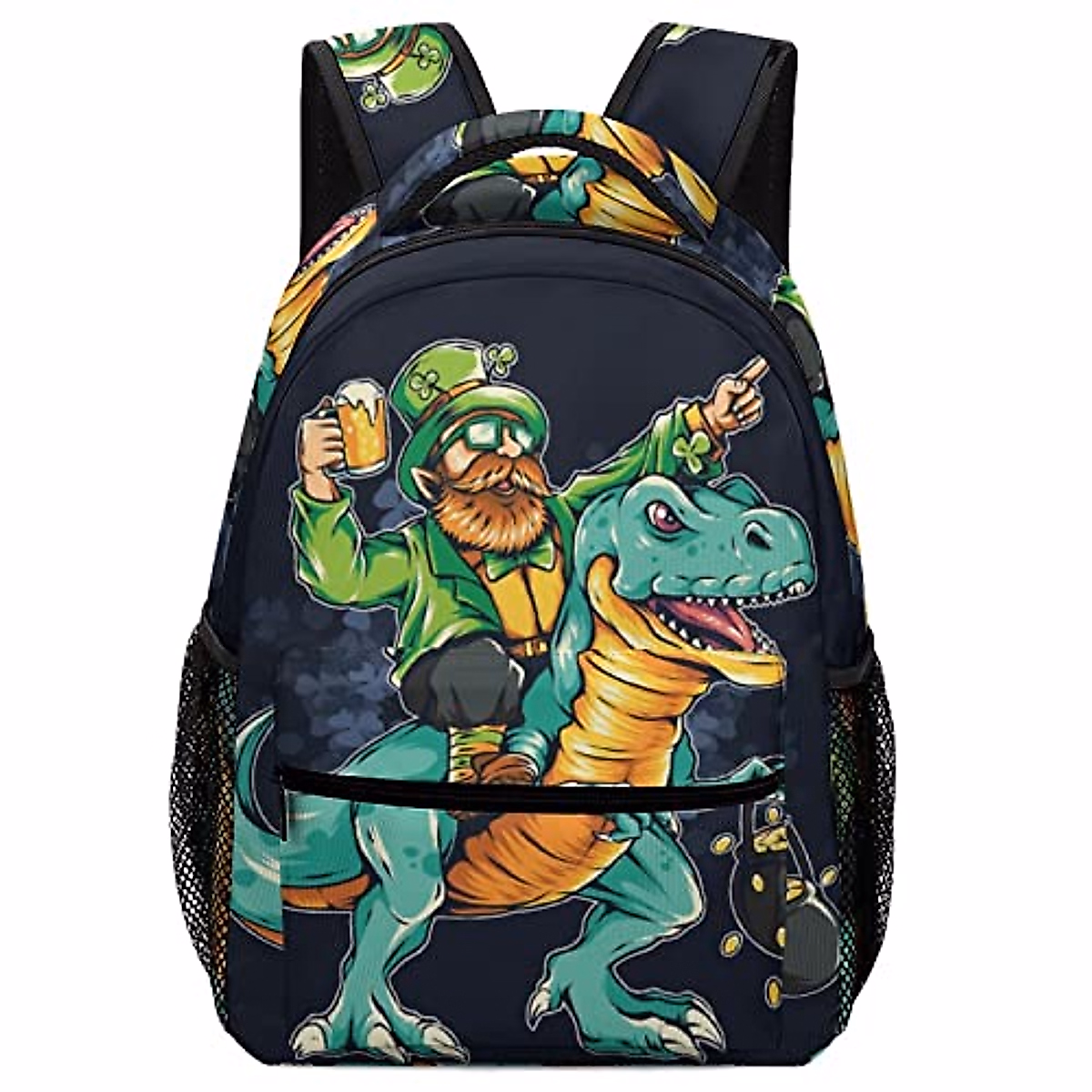 MEIKKO Green Dinosaur Backpack Saint Patrick's Day Leprechaun Large computer Bags with Chest Strap,Lightweight Casual Daypack for Women Men Hiking Travel Work and Business 16 Inch