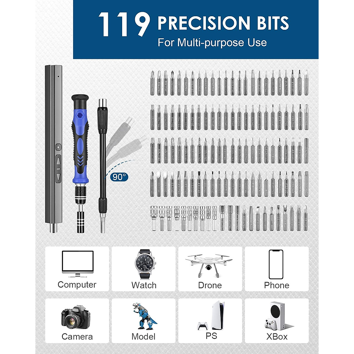 Vastar Electric Screwdriver, 152 in 1 Cordless Mini Precision Screwdriver Set with 119 Magnetic Precision Bits, Rechargeable Portable Repair Tool Kit with LED Lights for Electronics Phones