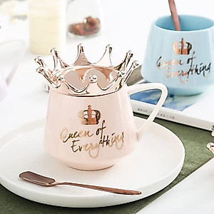 Arawat Pink Queen of Everything Mug with Lid Cute Pink Mug with Crown Tea Coffee Mug Gift with Spoon & Coaster 350ml Ceramic Mug Birthday Gift for Women Girls Mom Friend