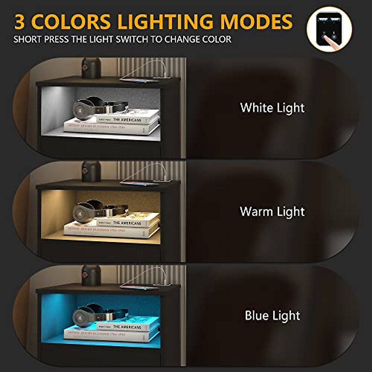 LVSOMT Black Nightstand with Charging Station and LED Lights, Modern Bedside Table Smart Night Stand, End Side Table with 2 Drawers, Open Storage Shelf, USB Port for Bedroom Living Room