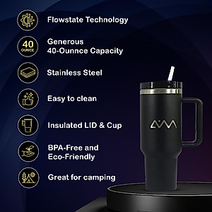 AVM 40 oz Tumbler with Handle and Straw, Vacuum Insulated Stainless Steel Travel Mug for Hot and Cold Drinks, H2.0 Flowstate Technology Quencher Tumbler with Straw and Leakproof Lid