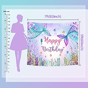 Mocsicka Mermaid Birthday Backdrop Under The Sea Birthday Party Decoration for Girl Blue Purple Mermaid Tails Photography Background (7x5ft(82x60 inch))