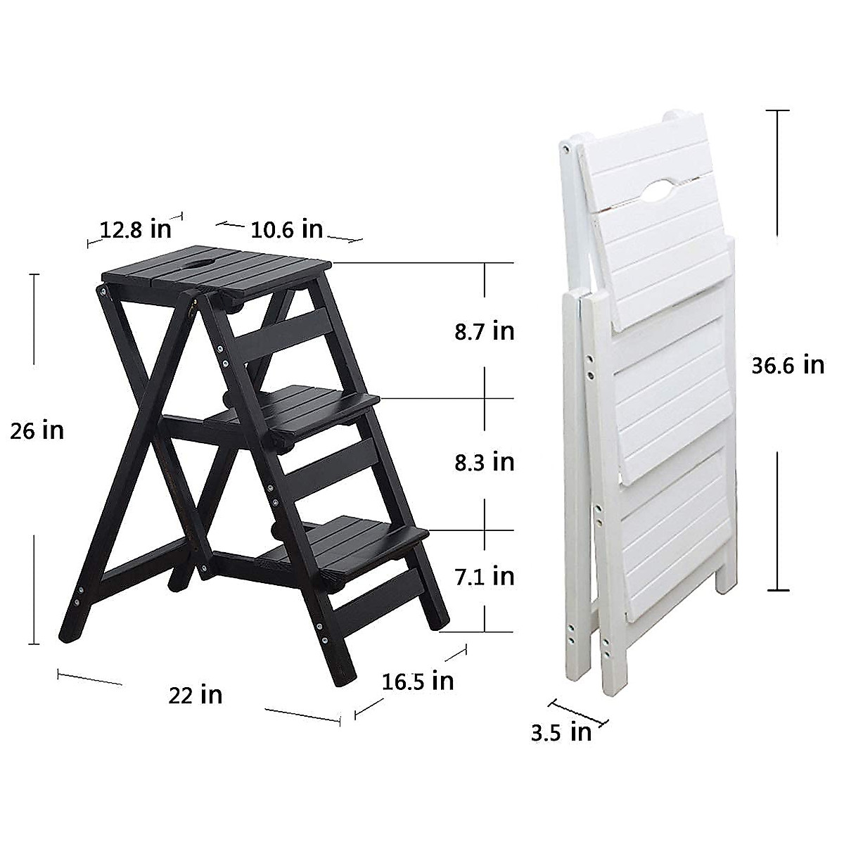 KINGBO Step Stool for Adults/Step Ladder/Counter Chair, 3-Step Folding Portable Wooden Step Stool, Anti-Slip & Lightweight (Black)