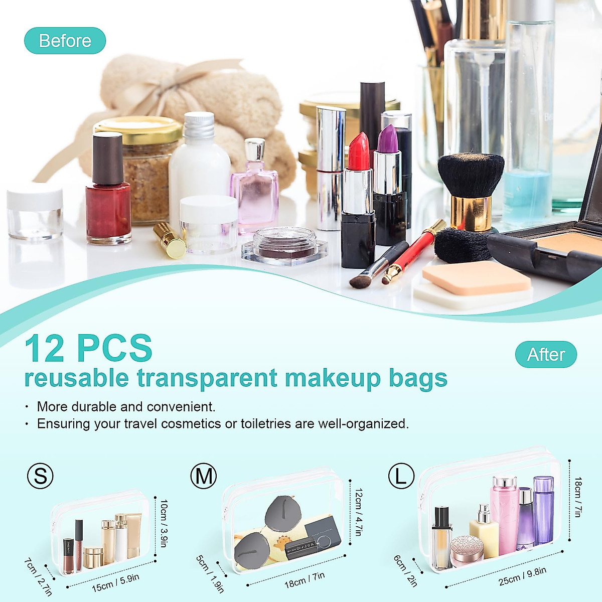 Carachanone 12 PCS Clear Travel Bags for Toiletries, Multipurpose Storage Transparent Cosmetic Bag for Women Men, Makeup Organizer TSA Approved Luggage Pouch - White, Small