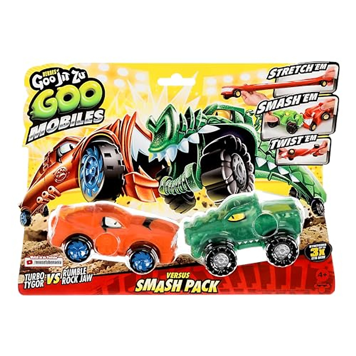Heroes of Goo Jit Zu Goo Mobiles Versus Pack Turbo Tygor VS Rumble Rock Jaw. Two Stretchy, Squishy Vehicles. Stretch 'Em, Smash 'Em, Twist 'Em!