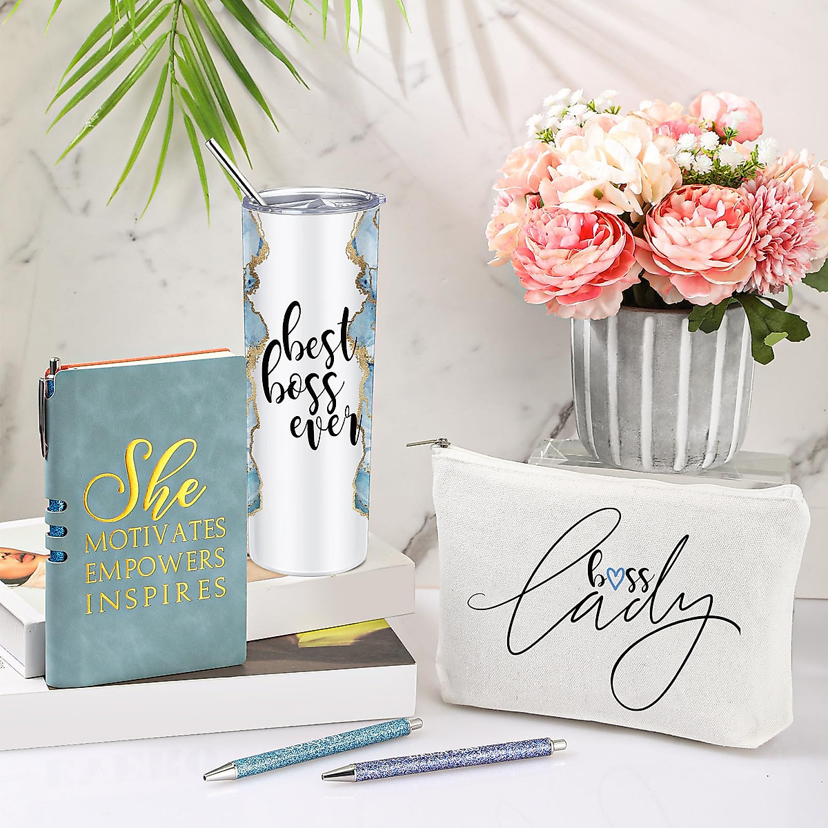 Domensi Best Boss Gift Set Thank You Gift for Women Lady Appreciation Day Gift 20oz Rustic Marble Sign Tumbler Makeup Bag A6 Notepad with Ballpoints Boss Day Gift Office Leader Christmas Gift(Blue)