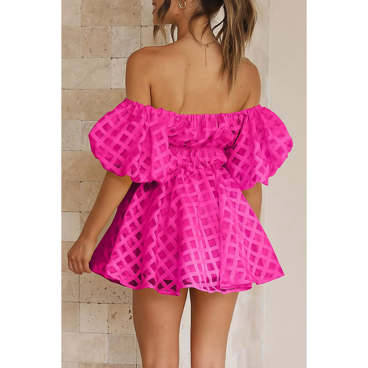 PRETTYGARDEN Women's Off The Shoulder Babydoll Dress Short Puff Sleeve Casual A Line Ruffle Summer Dresses (Plaid Rose Red,Medium)