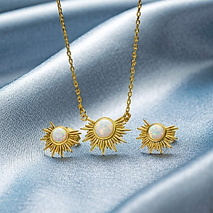 AllenCOCO White Opal Adorned Sunburst Stud Earrings 925 Solid Sterling Silver Post 14k Gold Plated Jewelry for Women