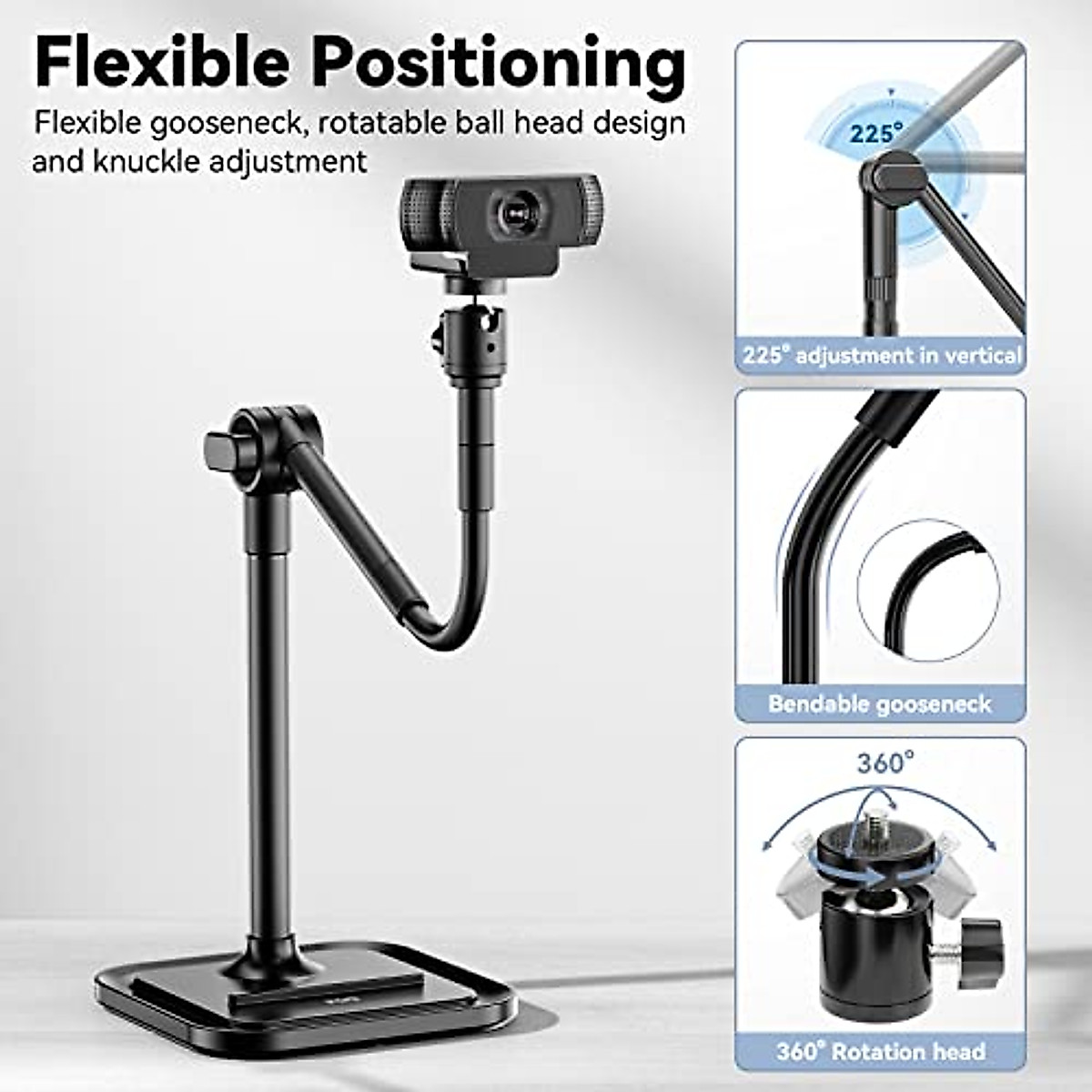 Webcam Stand with Phone Holder, 2 in 1 Adjustable Flexible Gooseneck Camera Mount Desktop Stand with Cell Phone Clamp for Logitech C922 C930e C920S C920 C615, Brio 4K, Gopro Hero and Other Devices