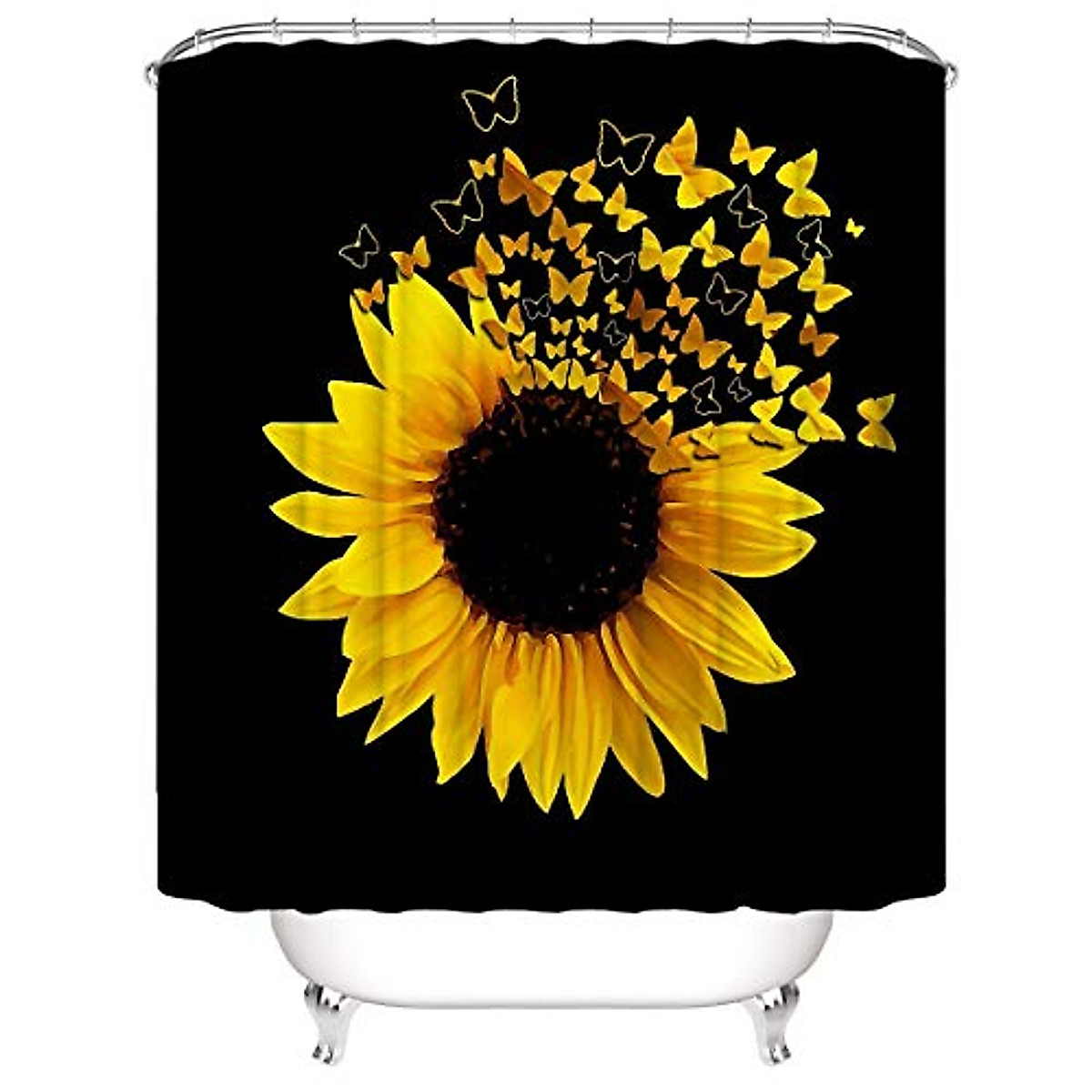 Yuaobeimei Golden Sunflower and Butterfly Floral Patterned Shower Curtain Set 4 Pieces 3D Printing Floral Bathroom Decor with Bath Rugs Mat,and 12 Hooks, 71x71inch