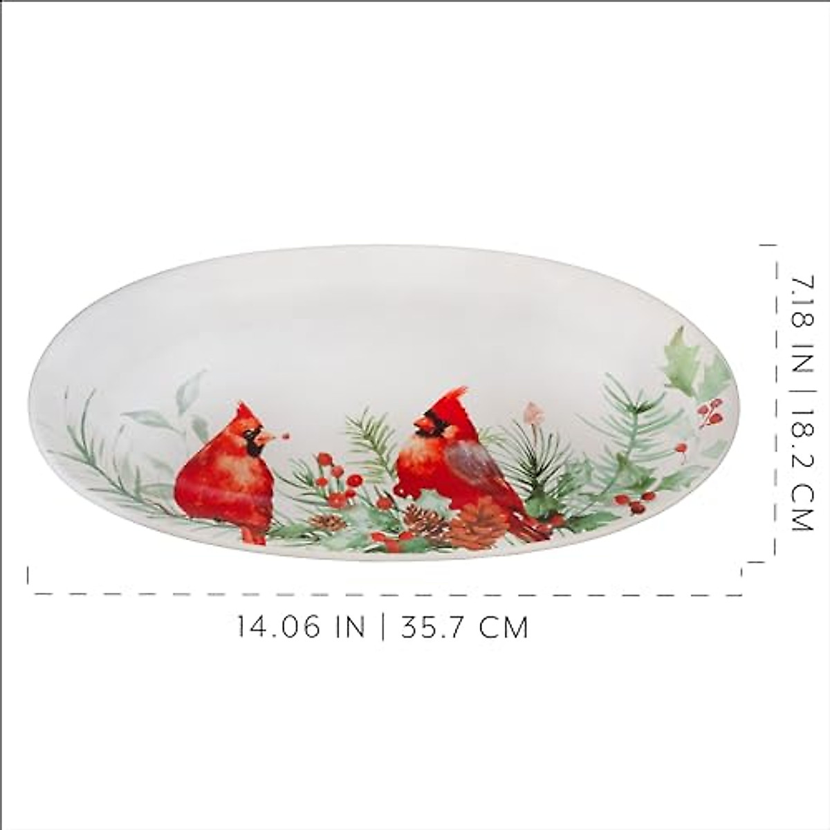 AuldHome Cardinal Ceramic Christmas Platter; Oval Holiday Serving Plate and Tray
