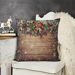 Christmas Bells Fir Tree Throw Pillow Covers 18×18 Pillowcases Set of 2 Dark Wooden Board Linen Decorative Square Pillow Case Cushion Covers Standard Size for Sofa Couch Outdoor Bed Pillow Protectors