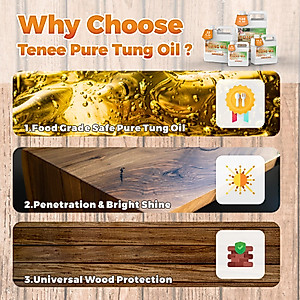 Tenee 9 Fl Oz Pure Tung Oil – Food Safe Wood Sealer Preferred by Experienced Craftsmen – Waterproof Tung Oil That Strengthens & Protect Wood – Wood Projects Food Grade Tung Oil Finish
