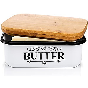 Yesland Butter Dish with Wooden Lid - Unbreakable Enamel Butter Container - Large Vintage Farmhouse Style Butter Keeper for 2 Sticks of Butter East or 1 West Coast Butter(White and Brown)