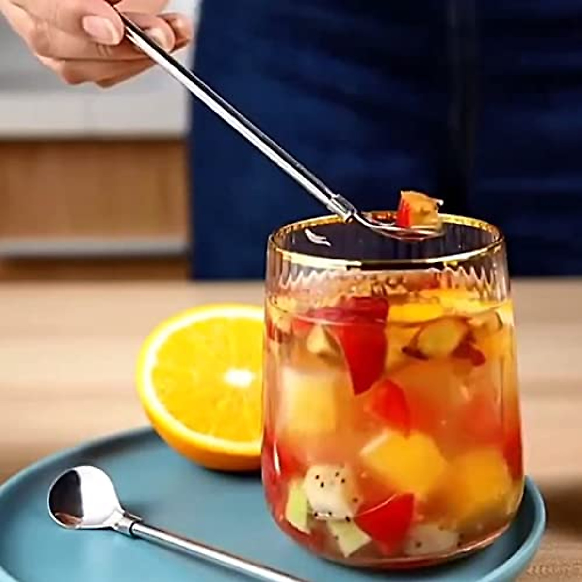 ERCRYSTO Reusable Stainless Steel Long Handle Straws Spoon, 6 Pieces 8.6", with 1 Cleaning Brush (circular)