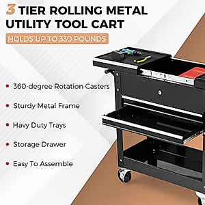 ERGOMASTER Utility Service Cart Tool on Wheels Heavy Duty Metal 4 Tiers Shelves with Drawers Tool Storage Organizer for Warehouse,Garage and Workshop