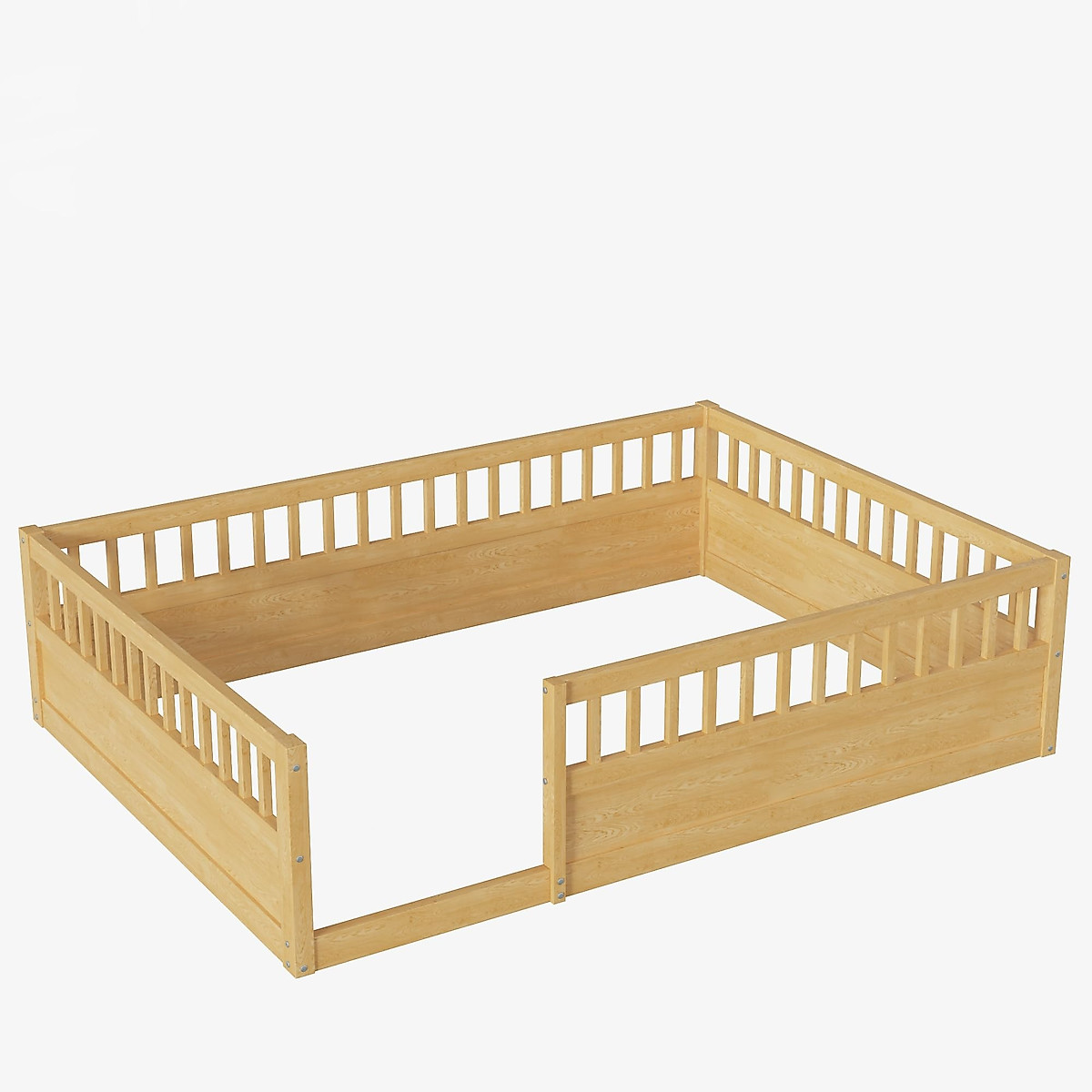 DNYN Full Size Floor Bed for Kids Bedroom,Solid Wood Bedframe w/Fence & Easy Assemble & Space Saving Design & No Box Spring Needed, Natural