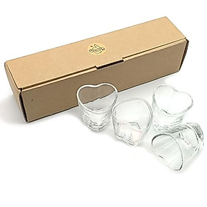 Heart Soju Shot Glasses Set Set of 4 and Silicone Rubber Bottle Caps 4Pcs 1.7 oz, Korean Soju, Whiskey, Tequila, Vodka, Espressos, Desserts, Party Decorations, Clear Glass (Heart)