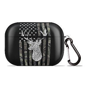 Deer Camo Camouflage American Flag Hunting AirPods Case Cover for AirPods Pro, Wireless/Wired Charging Protective AirPods Pro Case with Keychain, Black