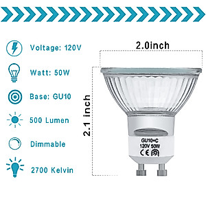 YBEK GU10 Halogen Light Bulbs 50W 120V MR16 Dimmable for Track,Recessed,Accent Lighting,Ceiling Light,Scent Wax Burner,Warm White(Pack of 6)