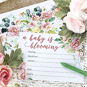 DISTINCTIVS Floral Baby Shower Party Invitations - 10 Fill In Cards with Envelopes - A Baby is Blooming - Pink Floral It's a Girl Themed Supplies