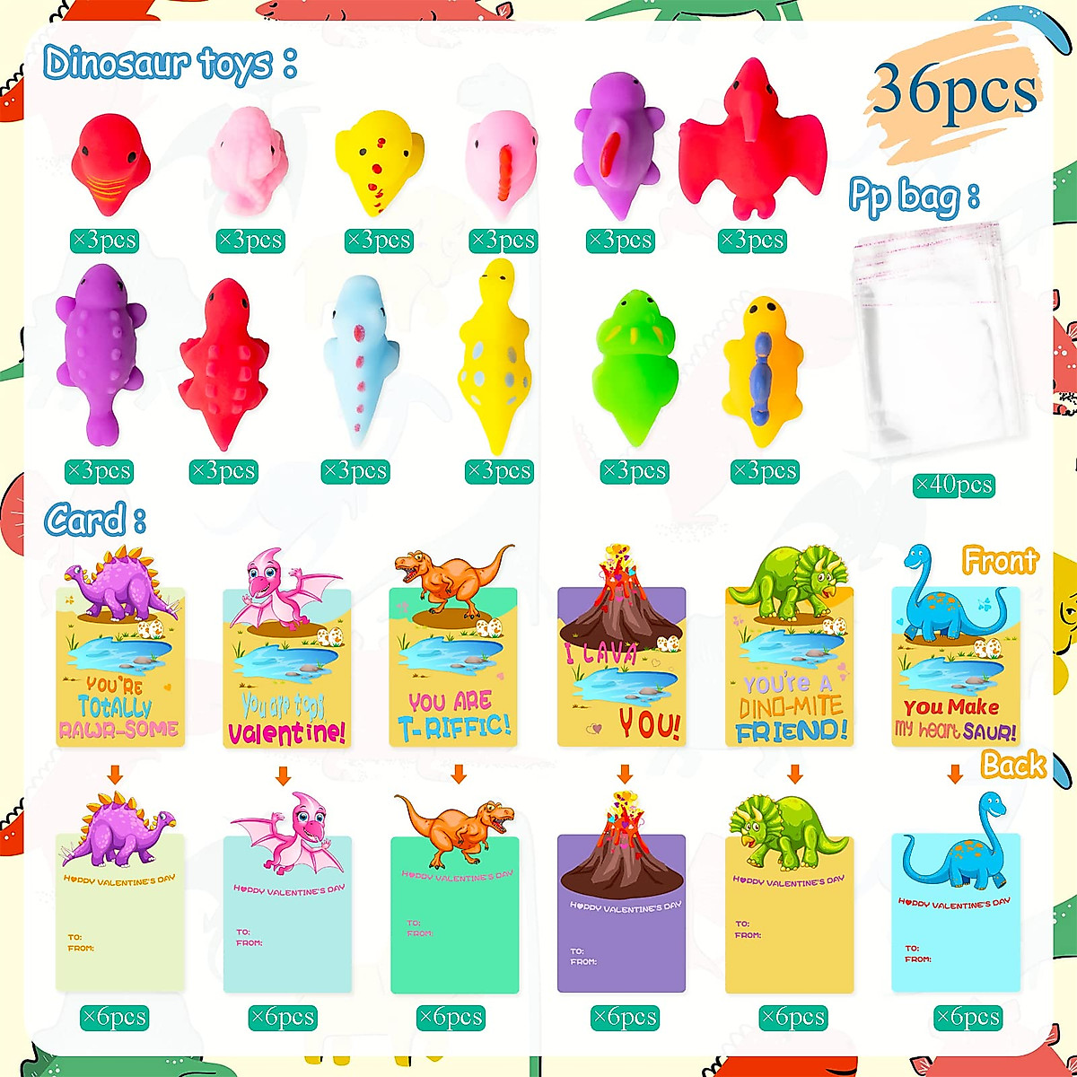 Valentines Day Cards with Squishy Gift for Kids School Classroom 36pcs Dinosaur Mochi Squishy Toys with Cards for Kids Valentines Party Favors Classroom Exchange Gifts