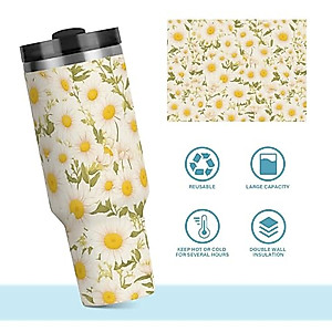 linqin White Daisys Vacuum Insulated Tumbler with Lid and Straw 40 oz Stainless Steel Water Bottle Wide Mouth Travel Coffee Mug with Handle for Home, Office or Car